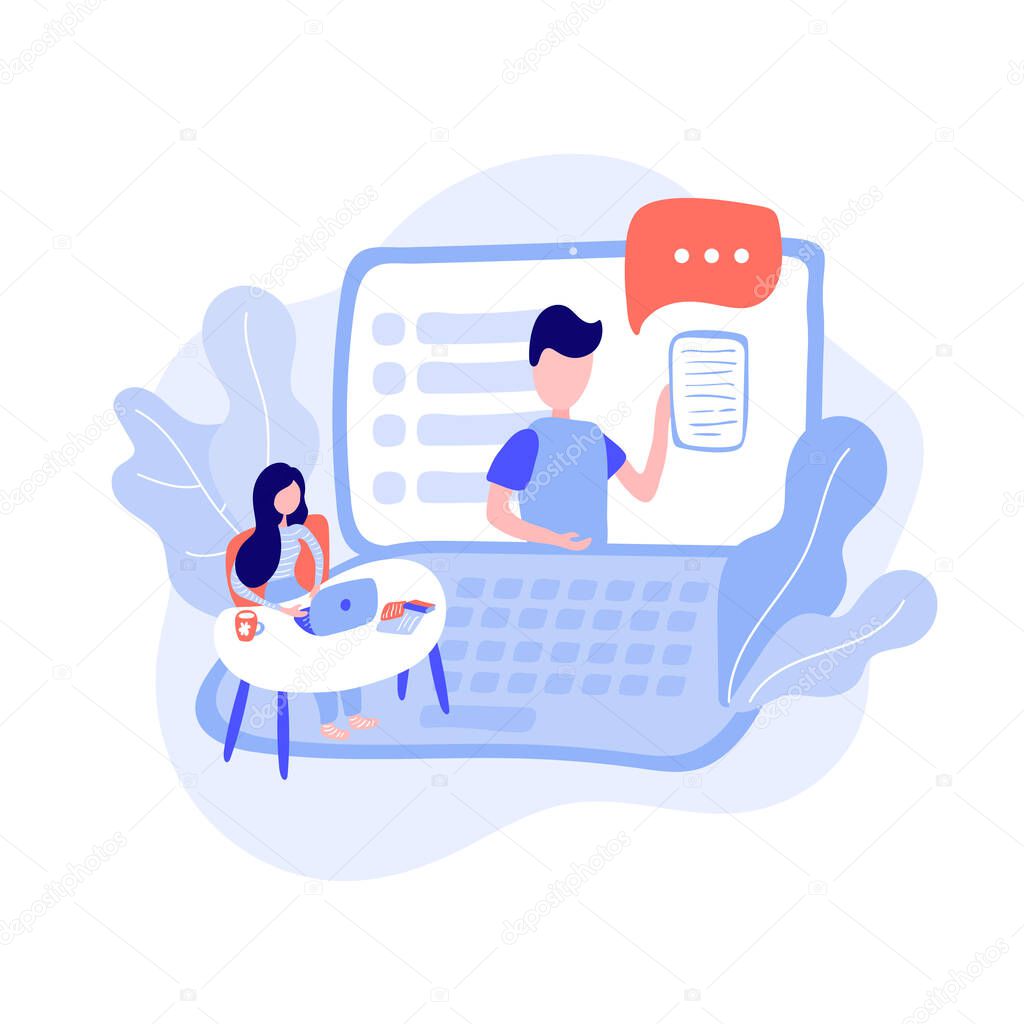 Vector linda ilustraci n de la mujer con un ordenador port til se sienta en una mesa y observa ...