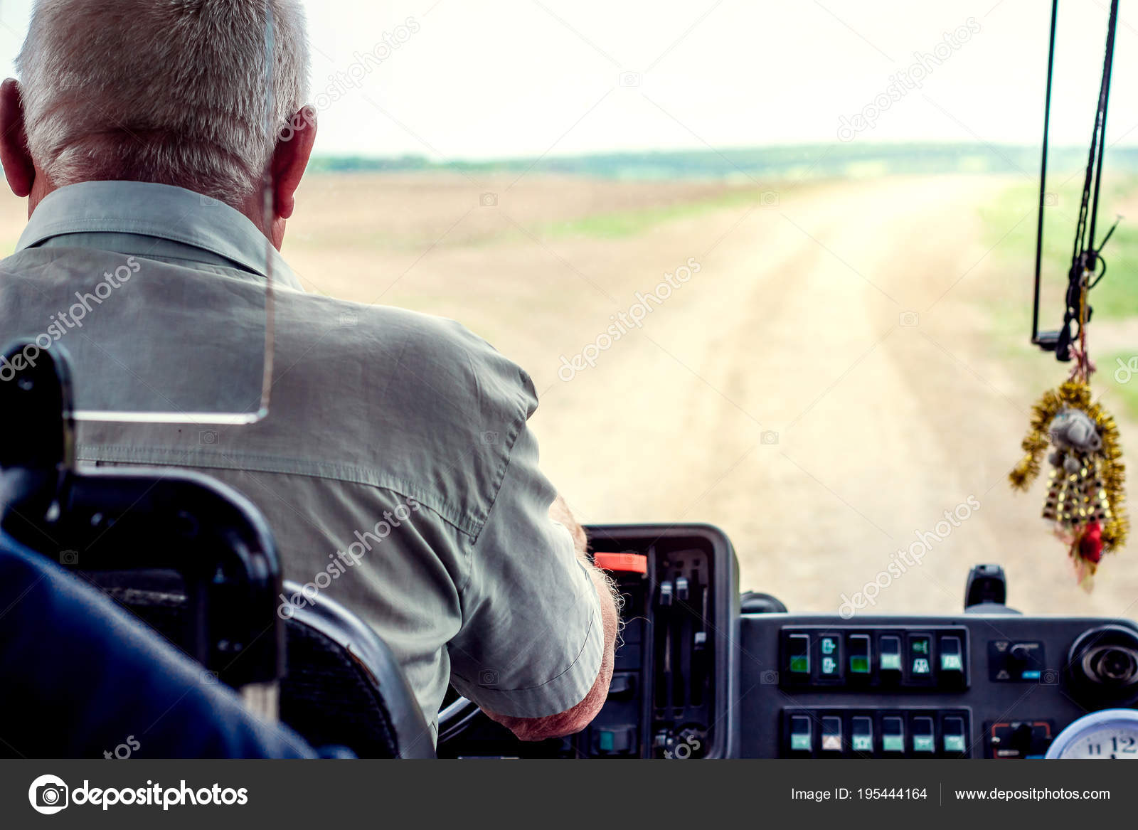 Bus driver behind wheel. View of road from window of bus_ — Stock Photo ...