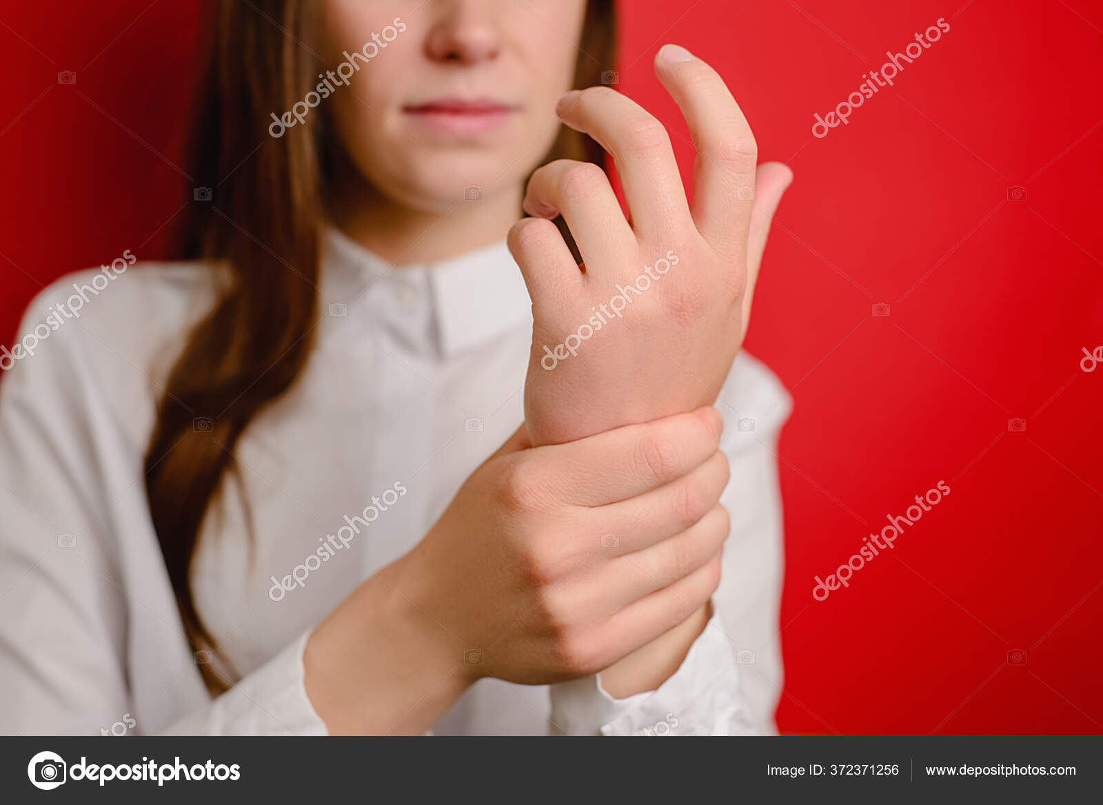 Close Woman Suffering Pain Hand Wrist Isolated Red Background Girl ...