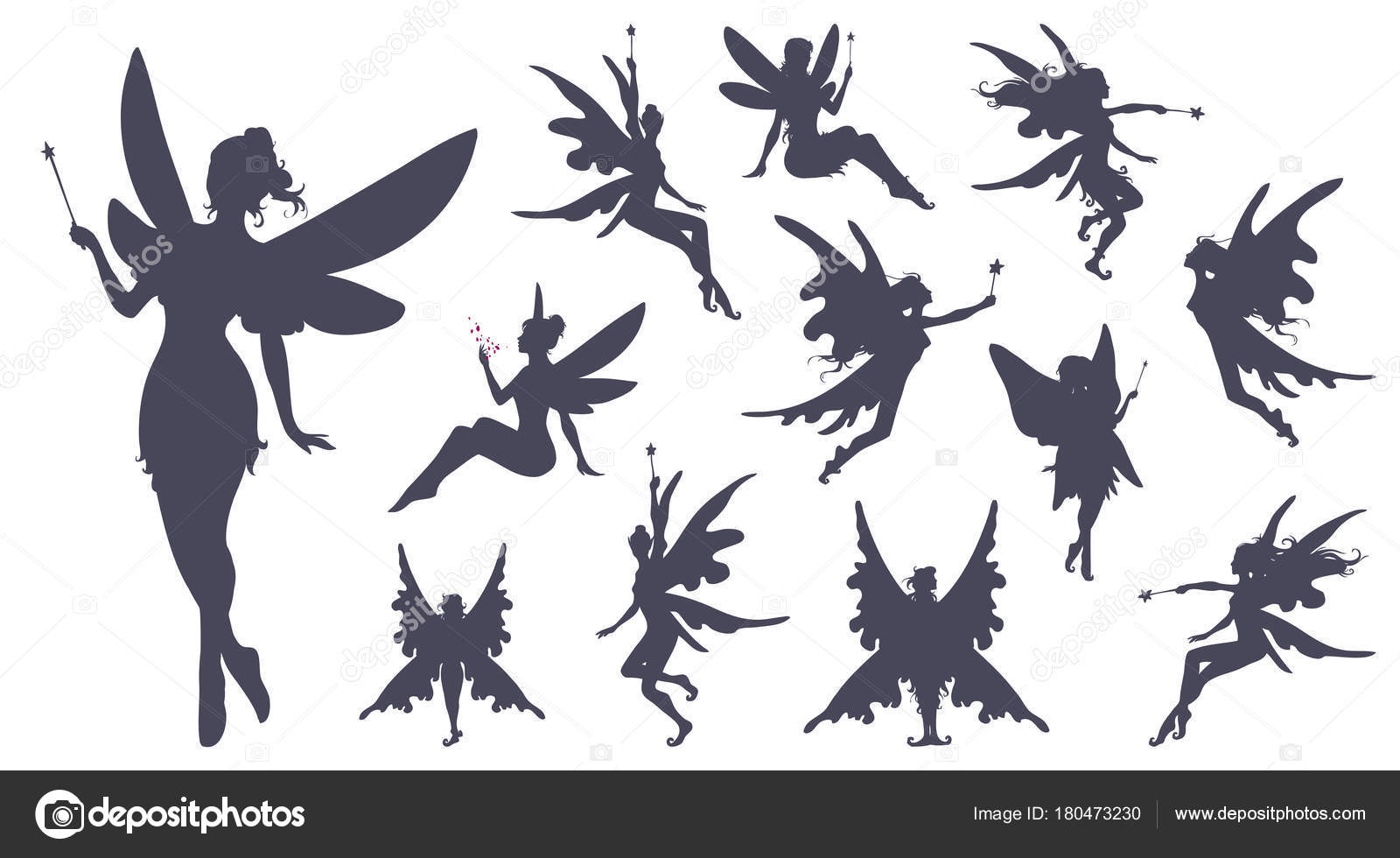 Cute Fairies Silhouette Collection Little Fairies Set Hand Drawn Vector ...