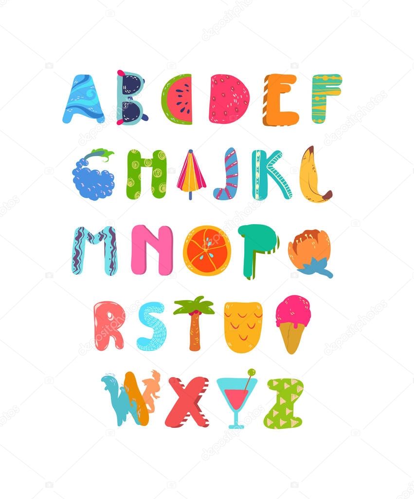 ABC dibujado a mano, elementos de verano, alfabeto creativo con lindos ...