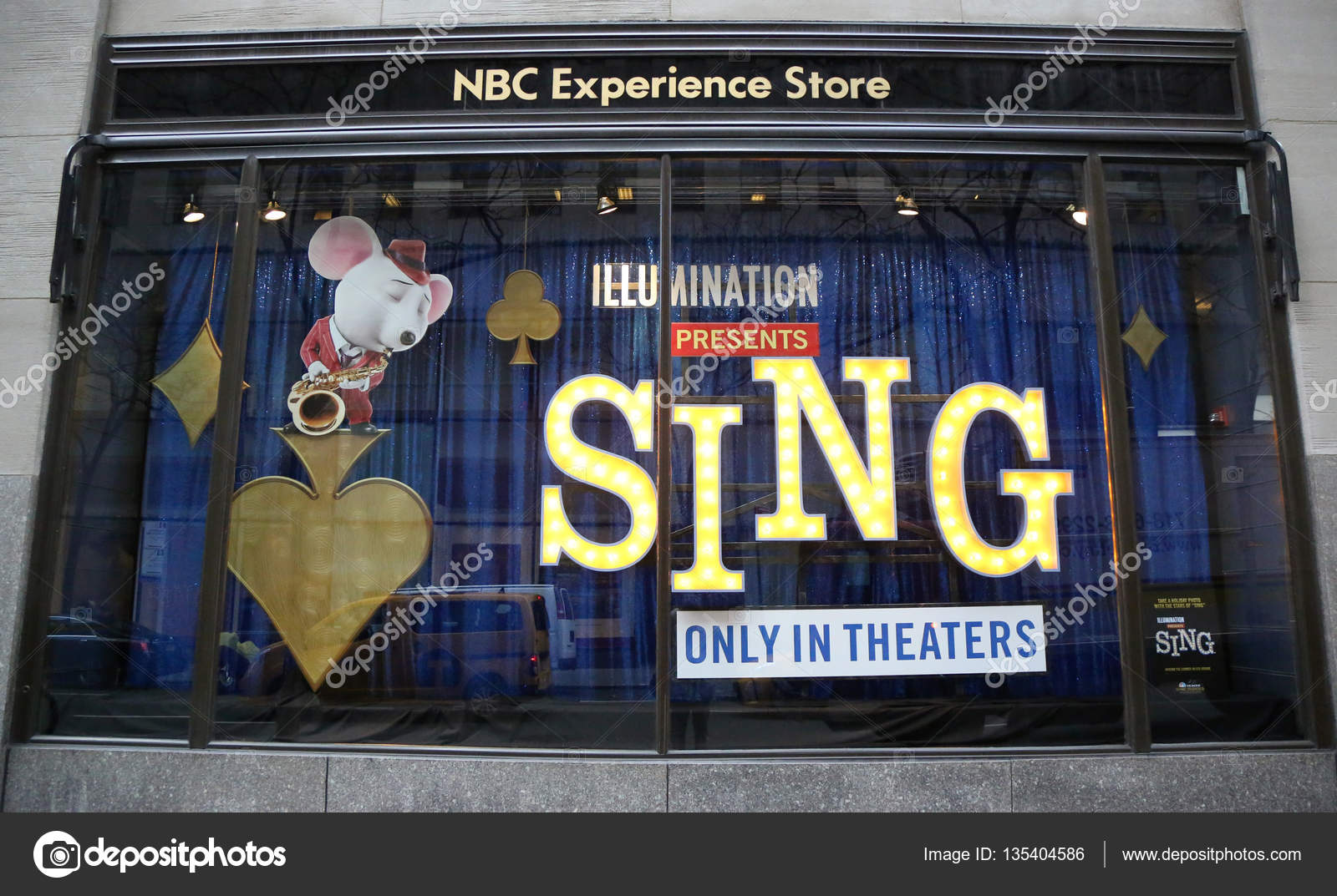 NBC Experience Store window display decorated with Sing film promotion ...