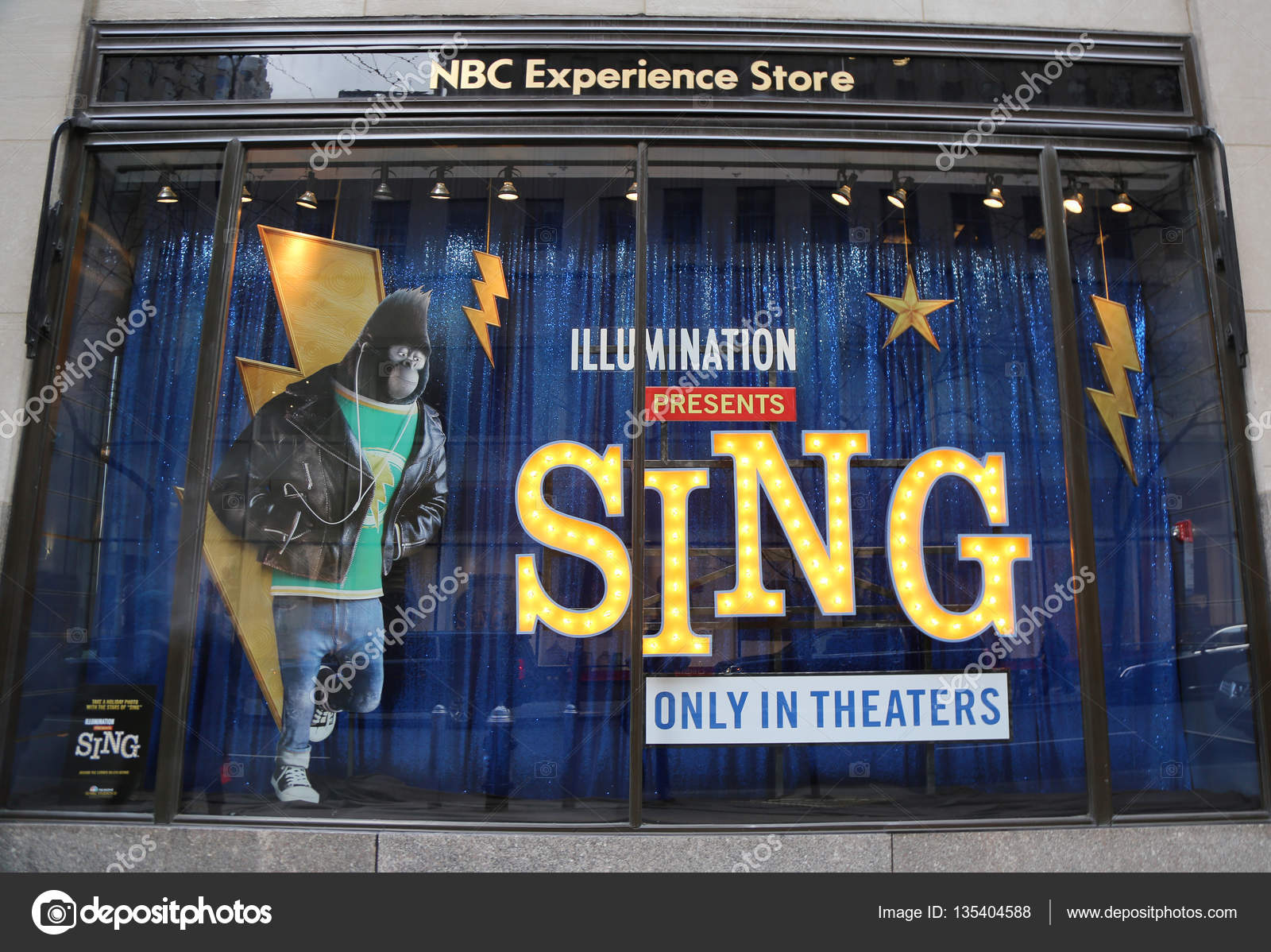 NBC Experience Store window display decorated with Sing film promotion ...