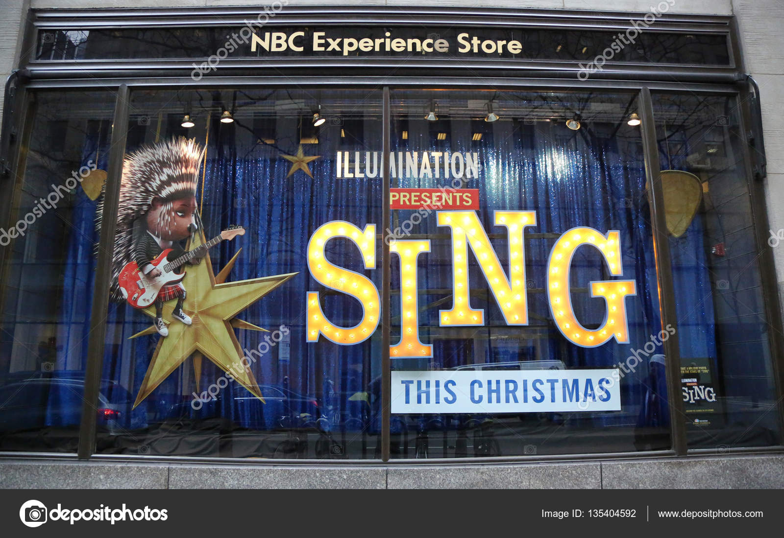 NBC Experience Store window display decorated with Sing film promotion ...