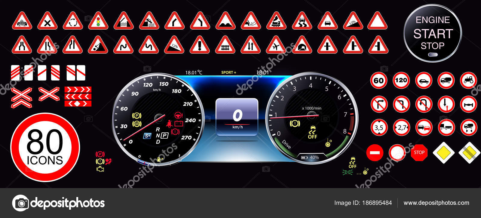 80 pack icons - Car dashboard , road signs icons, dashboard vector ...