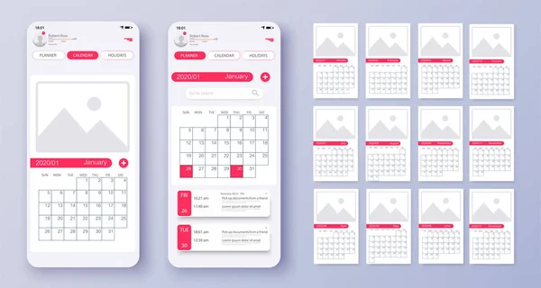 Calendar application template With To Do List and Tasks UI UX. Design For Mobile Phone. Calendar ...