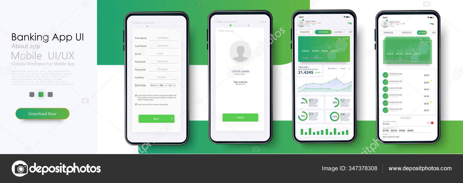 Banking App UI, UX Kit for responsive mobile app or website with different GUI layout including ...