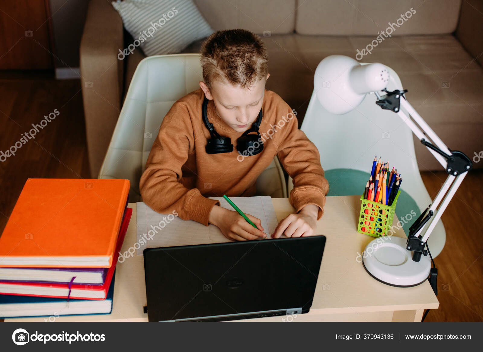 Child Boy Studies Home Children's Room Laptop Books Headphones Himself ...
