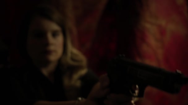 Beautiful Female Assassin Raises Firearm Camera Target Dark Room ...