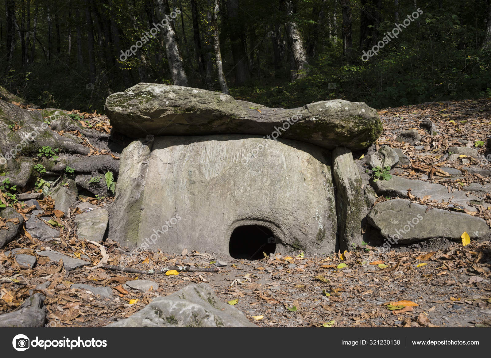 Dolmens in the forest near Krasnaya Polyana, Sochi, Russia. On a clear ...