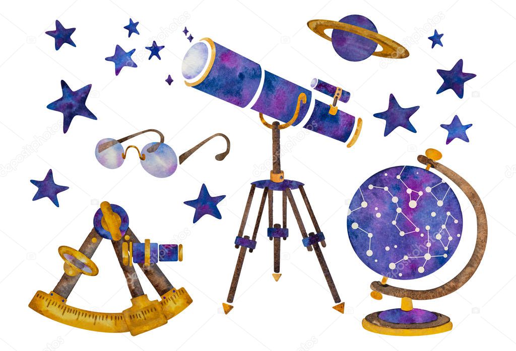 El conjunto de instrumentos astronómicos y científicos de época. Ilustración en acuarela con ...
