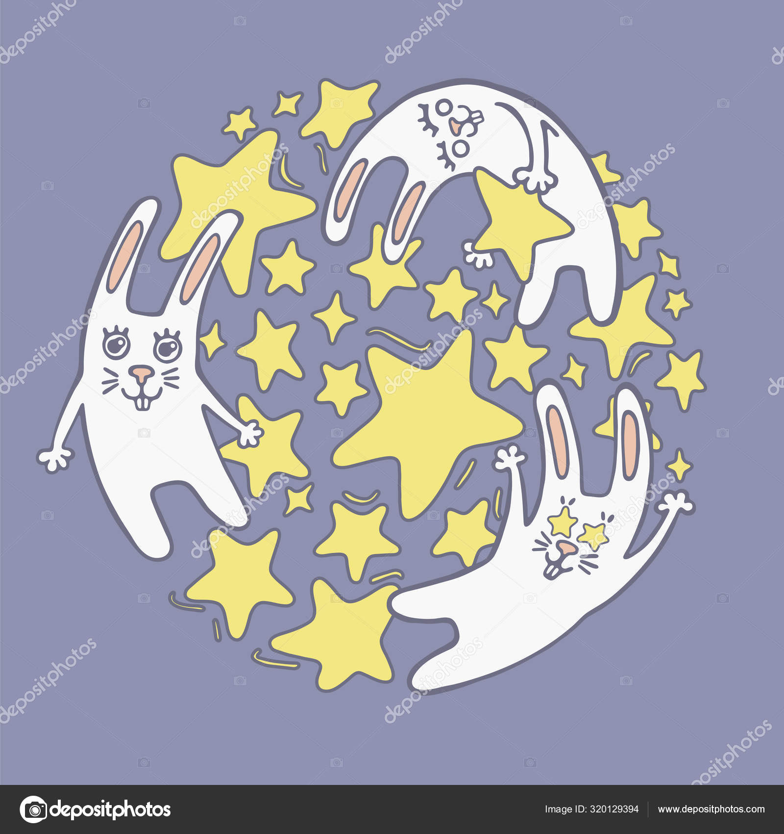 Vector Illustration Funny Rabbits Stars Colorful Doodle Cute Bunnies ...