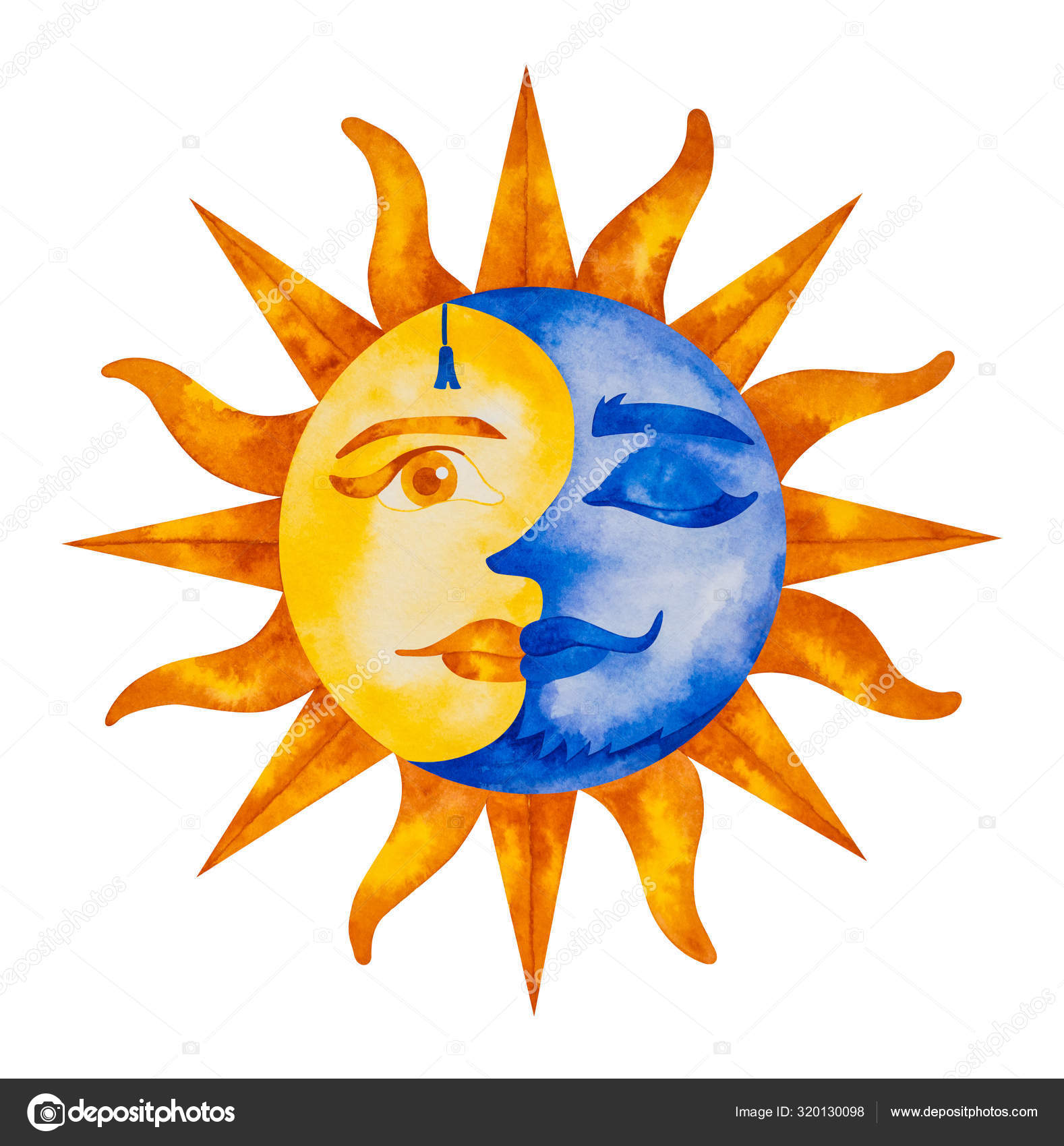 Bright Watercolor Illustration Sun Open Eye Moon Closed Stock ...