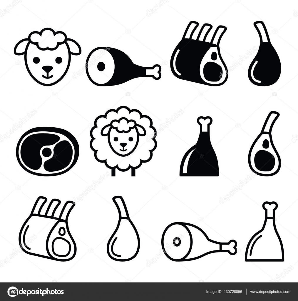 Conjunto de iconos de carne de cordero, pierna de cordero, varillas de ...