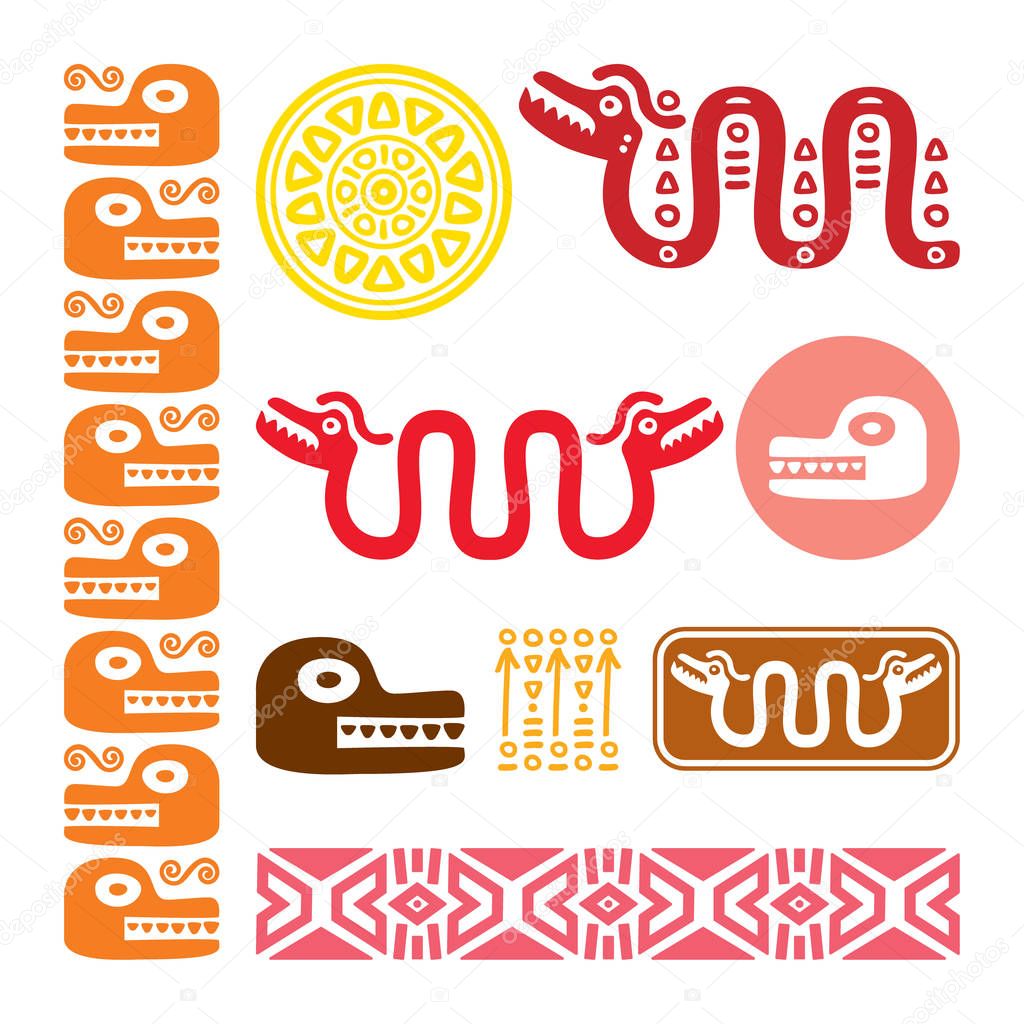 Animales aztecas, serpiente maya, antiguo conjunto de diseño mexicano ...