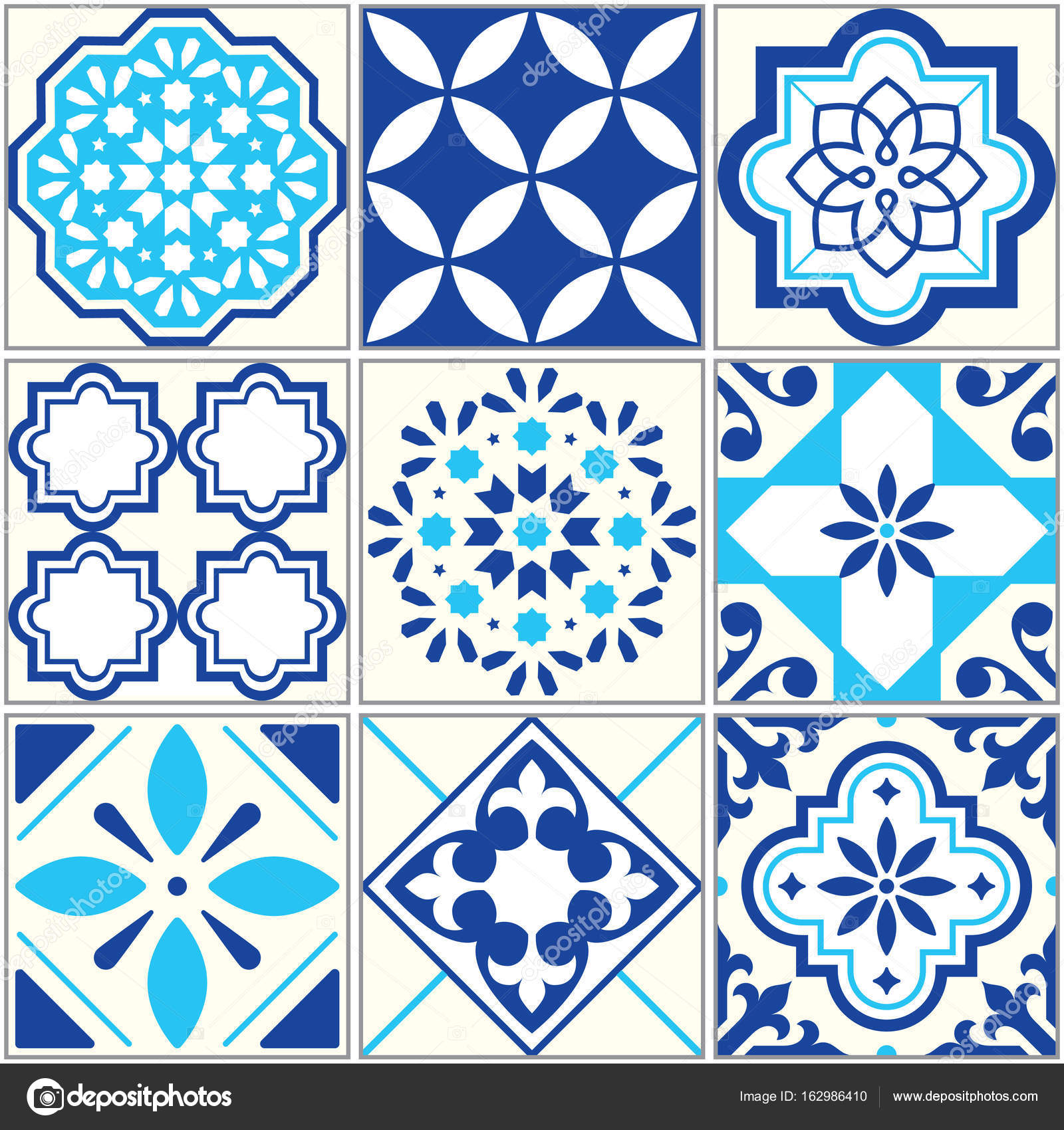 Vector tiles blue pattern, Lisbon floral mosaic, Mediterranean seamless ...