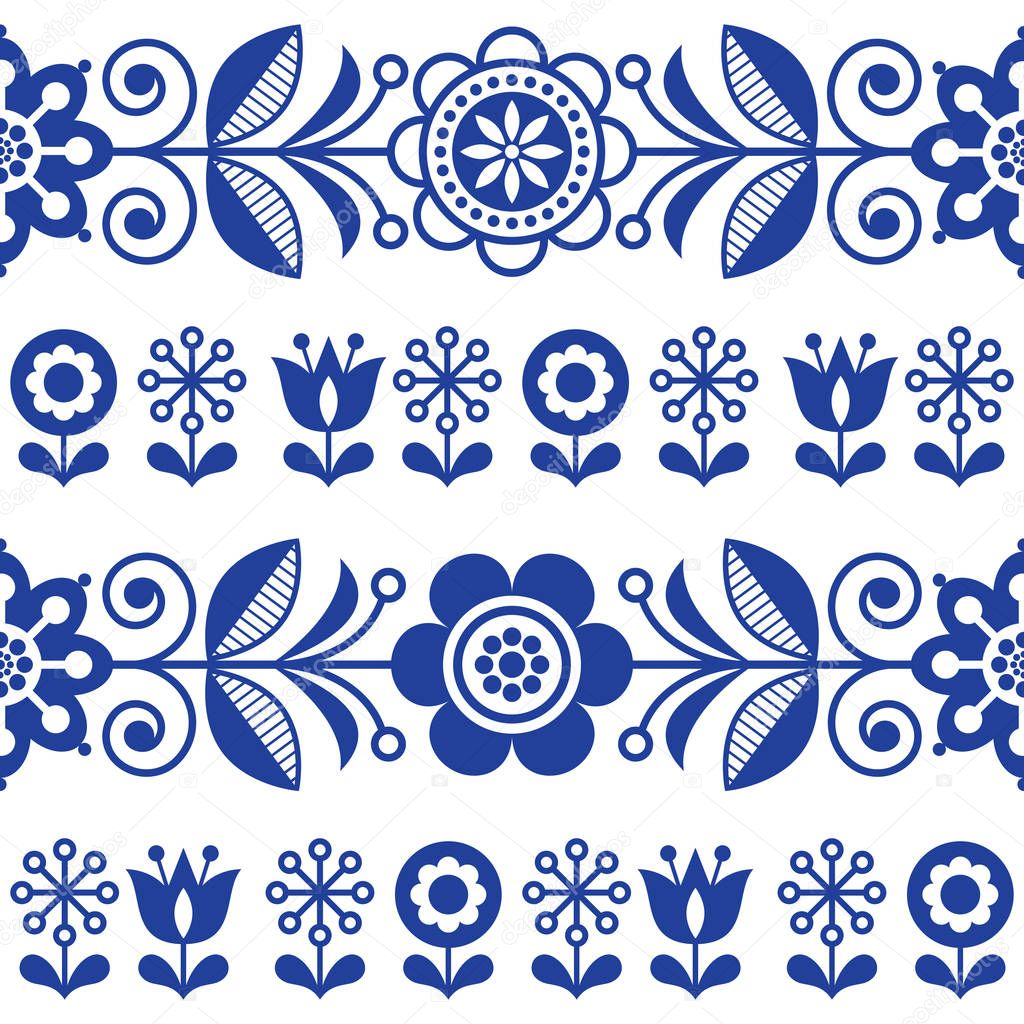 Folk Art Seamless Vector Pattern Flowers Navy Blue Floral Repetitive ...