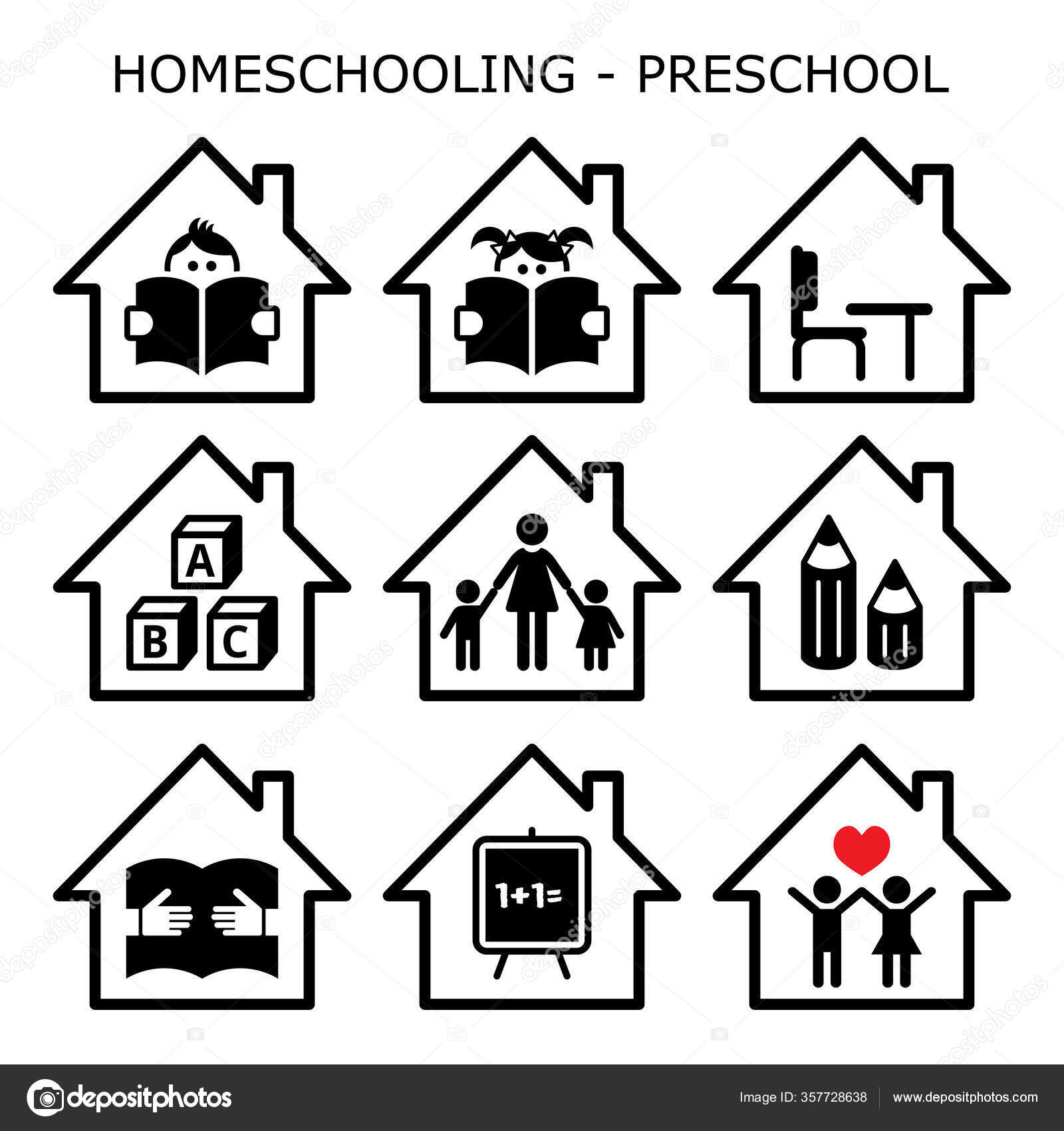 Homeschooling Preschool Vector Icons Set Home Early Education Design ...