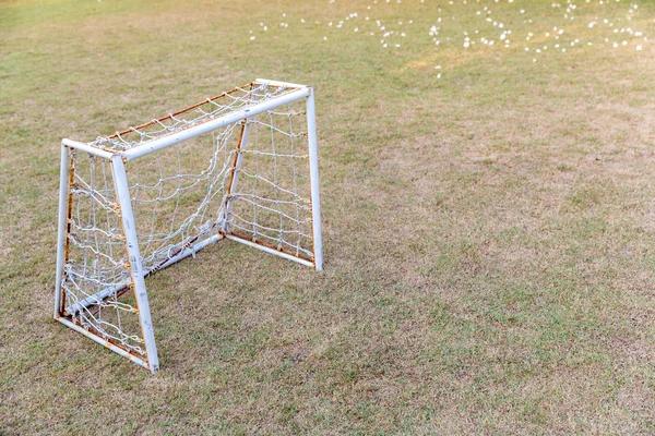 Mini Soccer goal on the green grass field. Outdoors mini football court ...