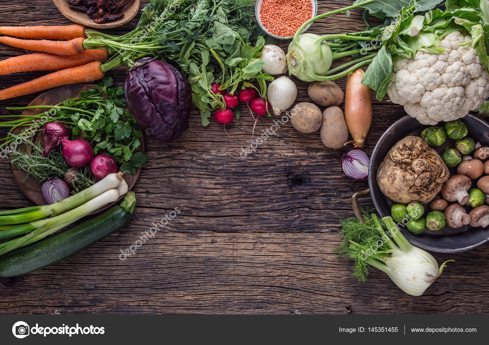 Vegetable. Top view assortment fresh vegetable on old oak table Stock ...