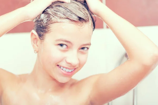 Cute Young Girl In Shower Washing Hair And Face With Shampoo Girl With