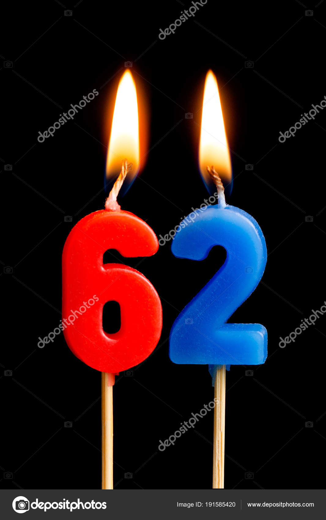 Burning candles in the form of 62 sixty two (numbers, dates) for cake ...