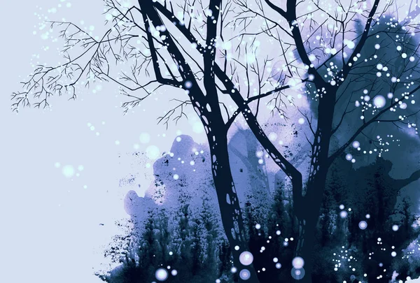 Fairy Trees. Digital drawing and watercolor texture. - Stock Image ...