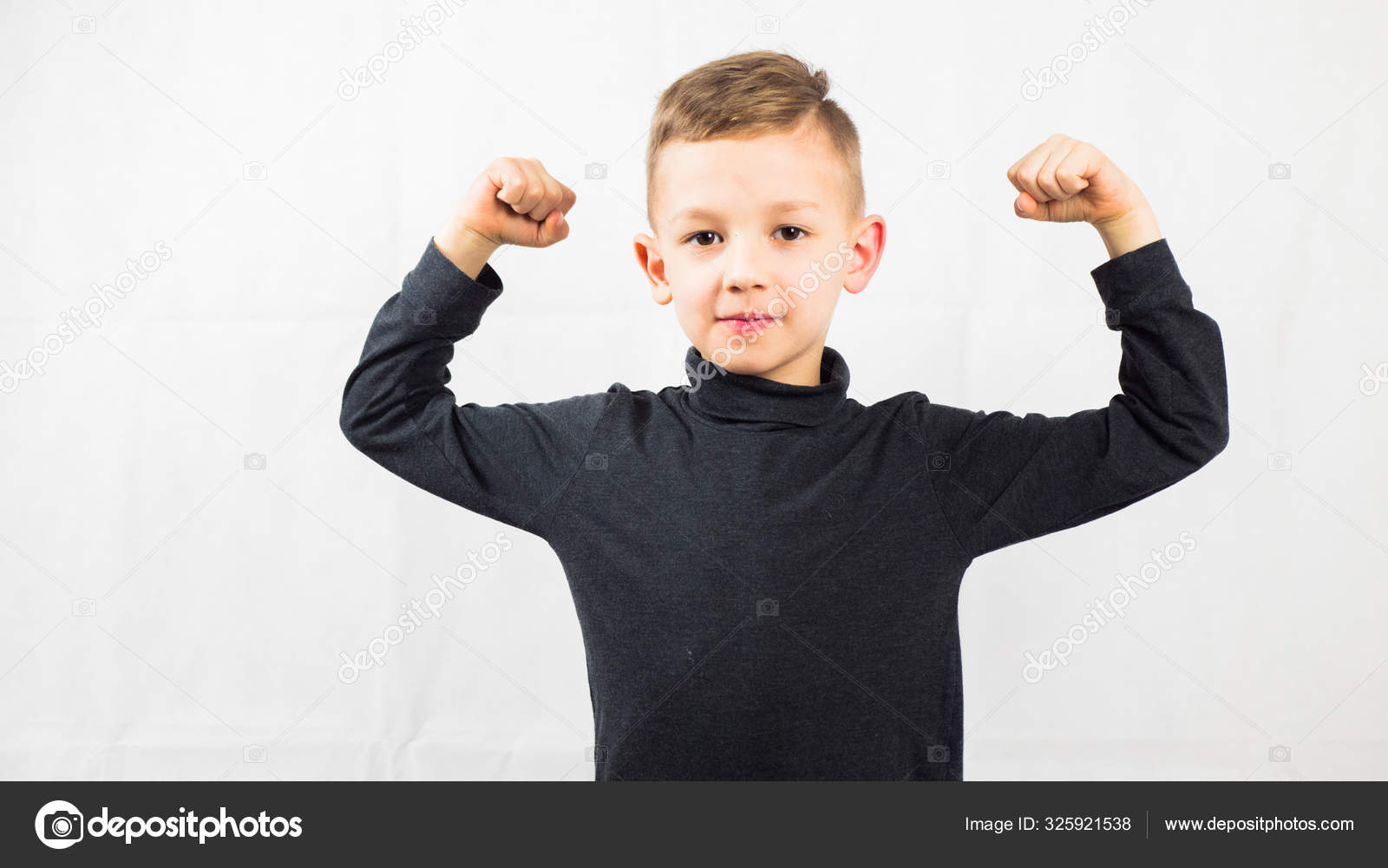 Cute Little Boy Shows Strength White Background Copy Space Stock Photo ...