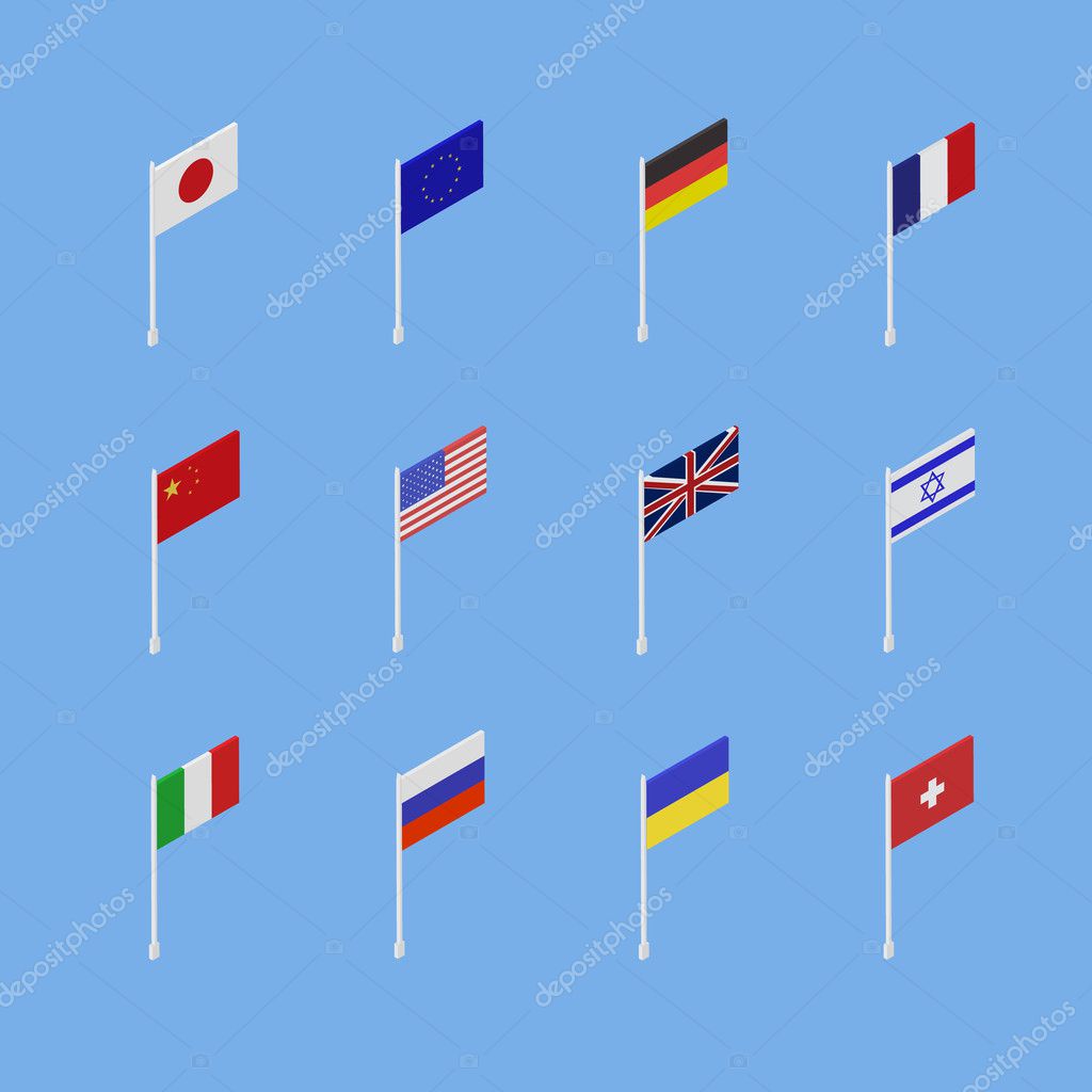 Conjunto de banderas de diferentes países es un 3D isométrico. 2024 Conjunto de banderas de diferentes países es un 3D isométrico. 2024