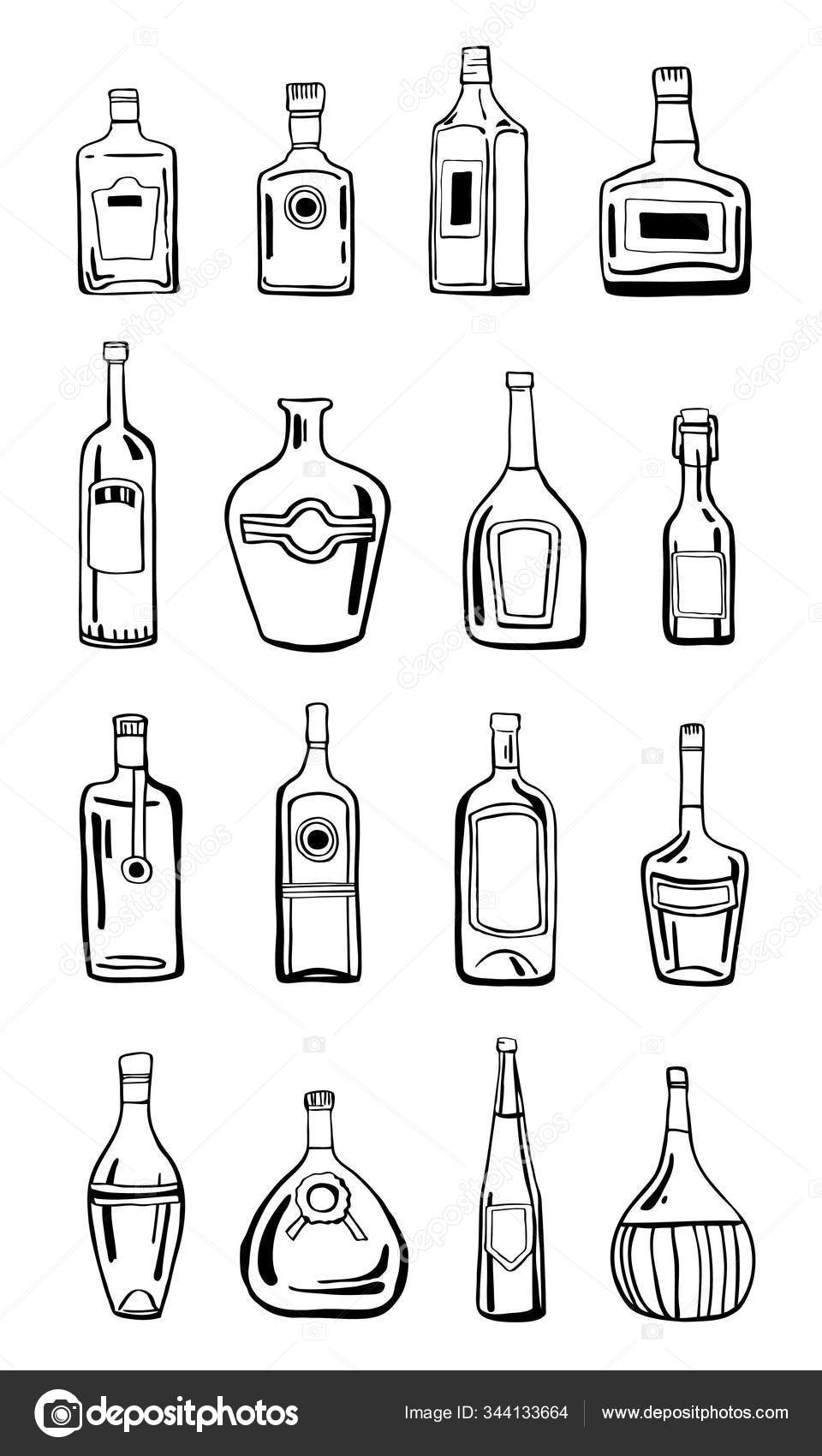 Vector outline hand drawn illustration set with different alcohol ...