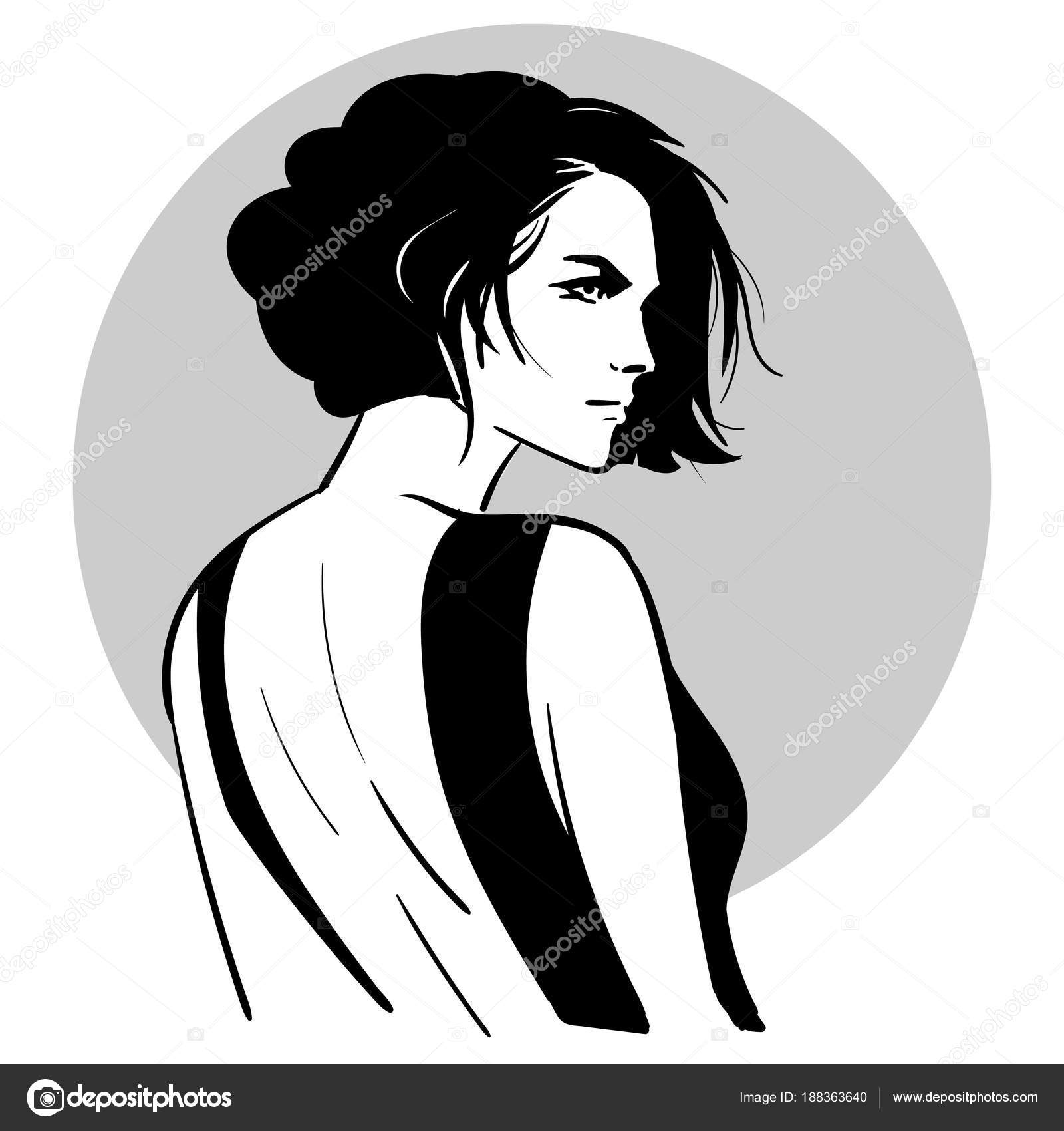 Bob Hairstyle Beautiful Woman Portrait In Black Open Back Dress