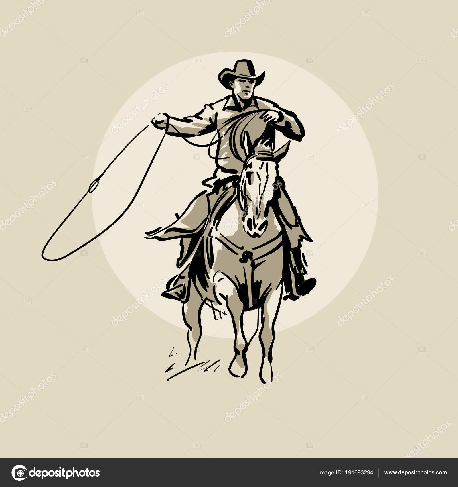 American cowboy riding horse and throwing lasso. Hand drawn ...
