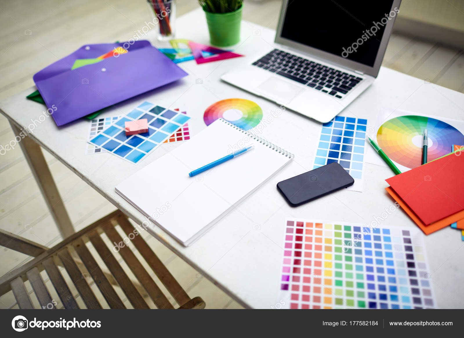 Workplace Designer Color Palettes Gadgets Notepad Crayons Stock Photo ...