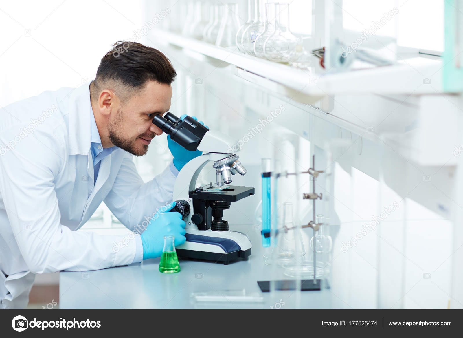 Portrait Smiling Scientist Using Microscope Laboratory While Working ...