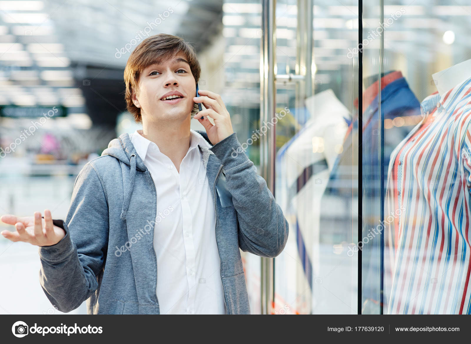 Mobile Guy Speaking Smartphone While Standing Shop Display Mall — Stock ...