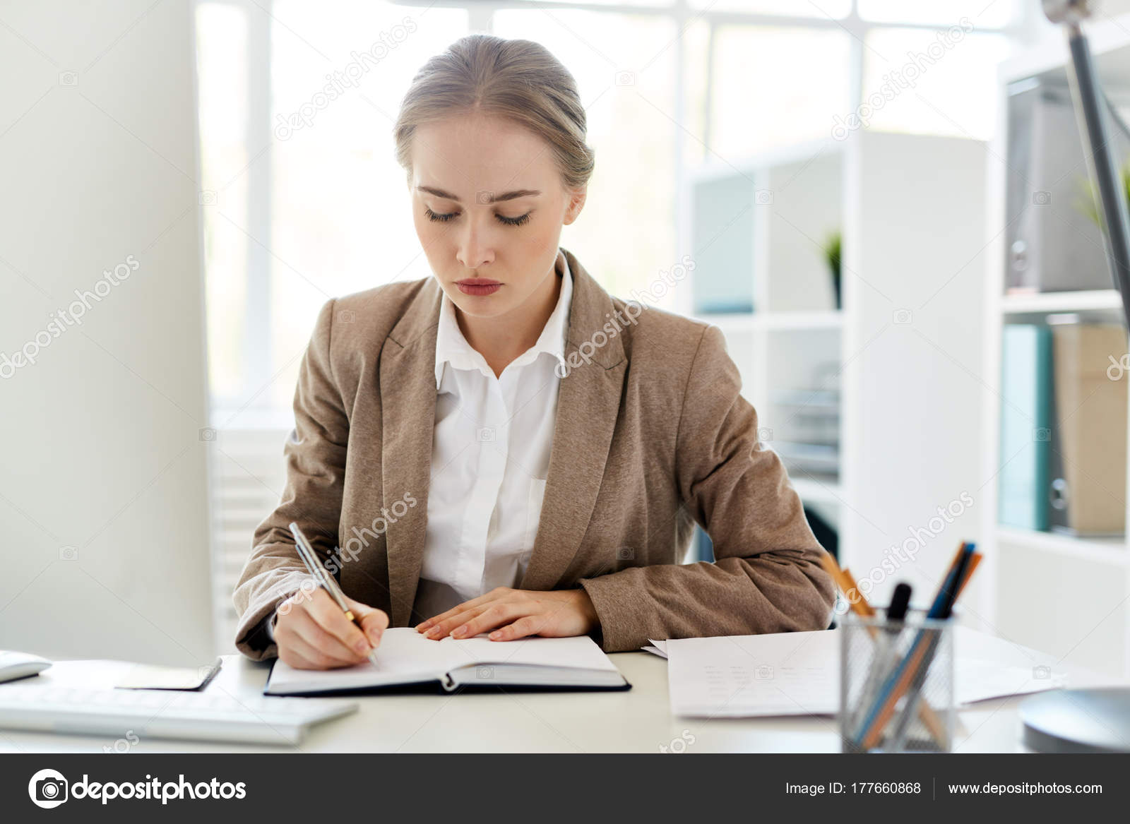 Pretty Young Manager Making Notes Writing Her Ideas Notebook Stock ...