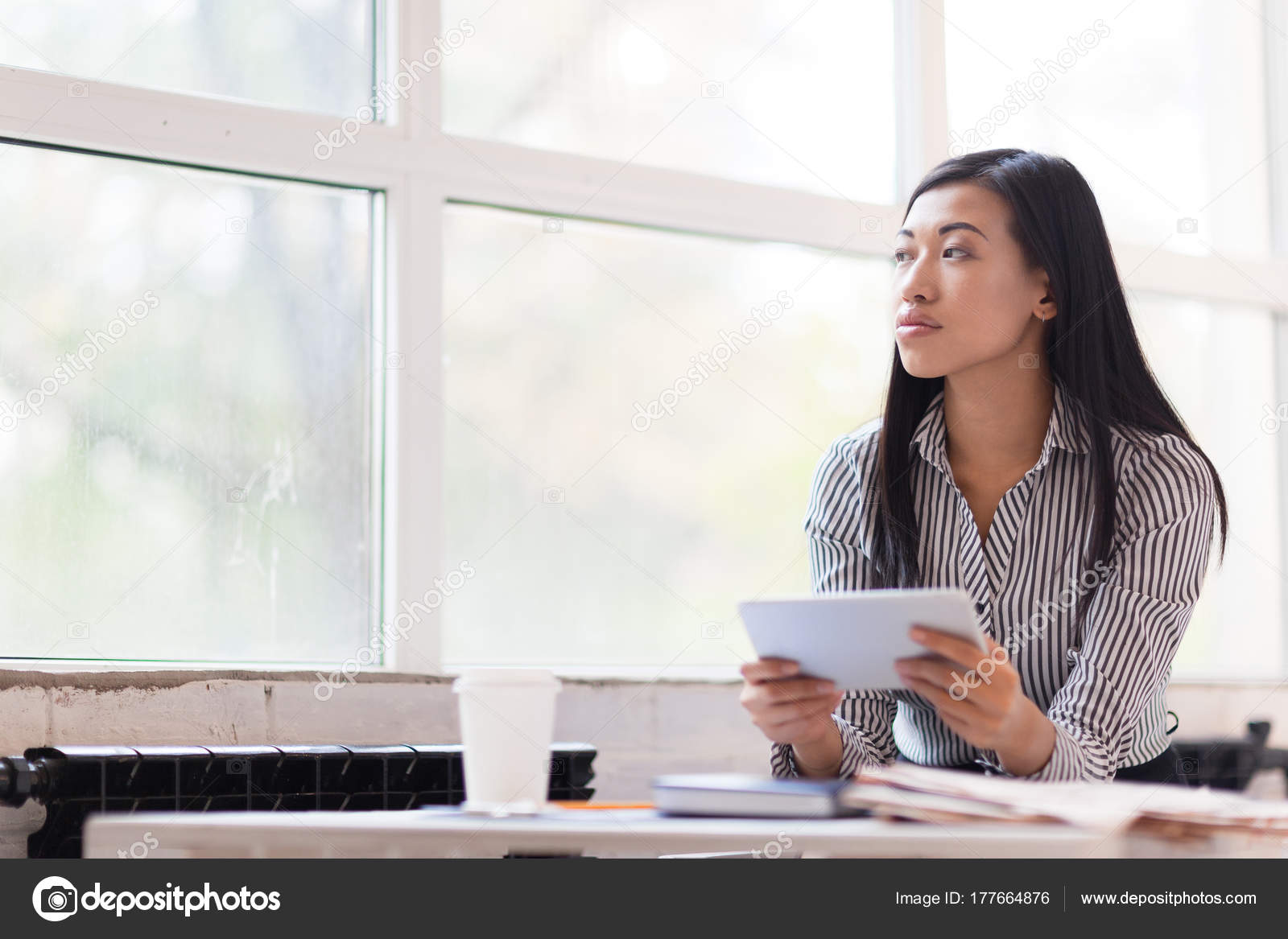 Asian Journalist Looking Out Window While Searching Inspiration Writing ...