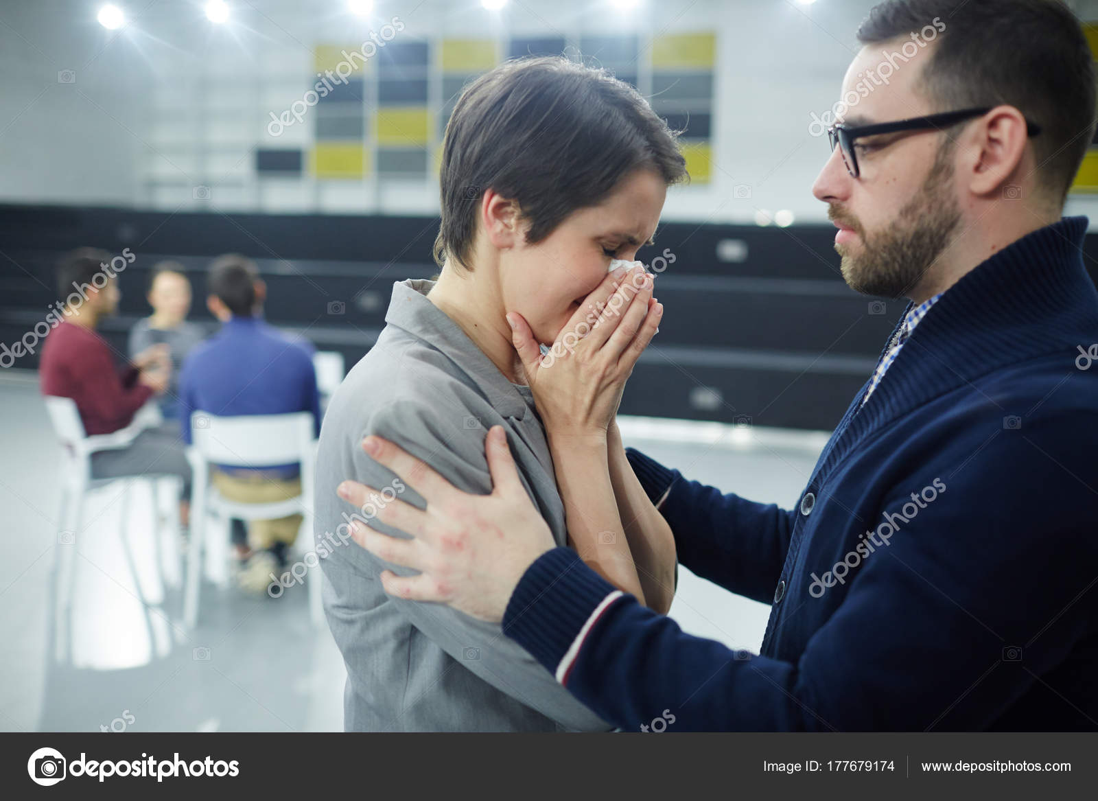 Stressed Woman Crying While Colleague Groupmate Comforting Her Stock ...