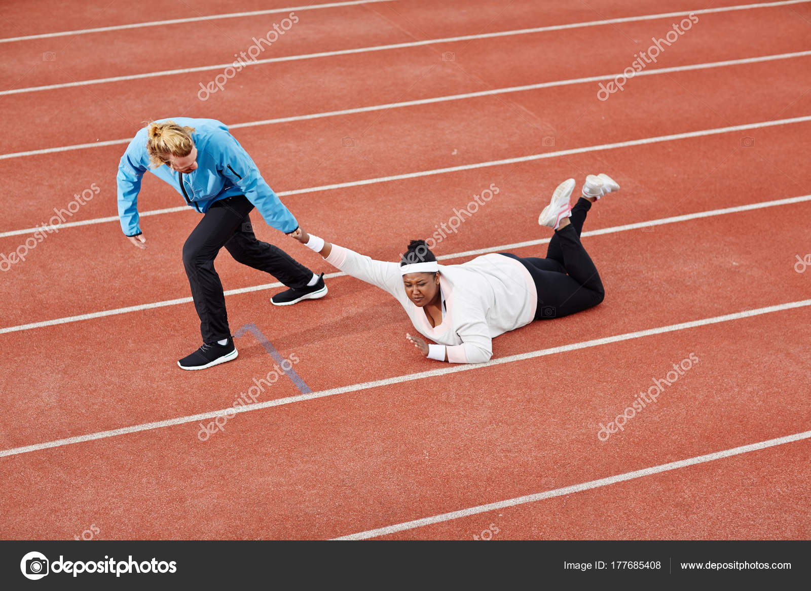 Persistent Trainer Pulling Reluctant Size Woman Racetrack Finish Line ...