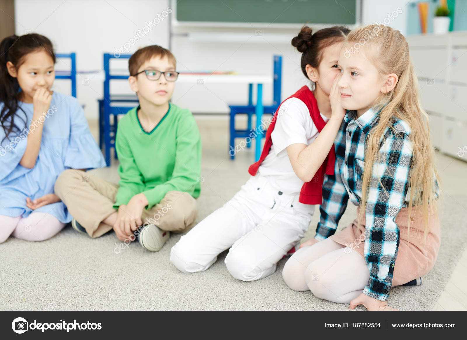 Group Young Classmates Whispering Each Other Curious Phrase Sentence ...