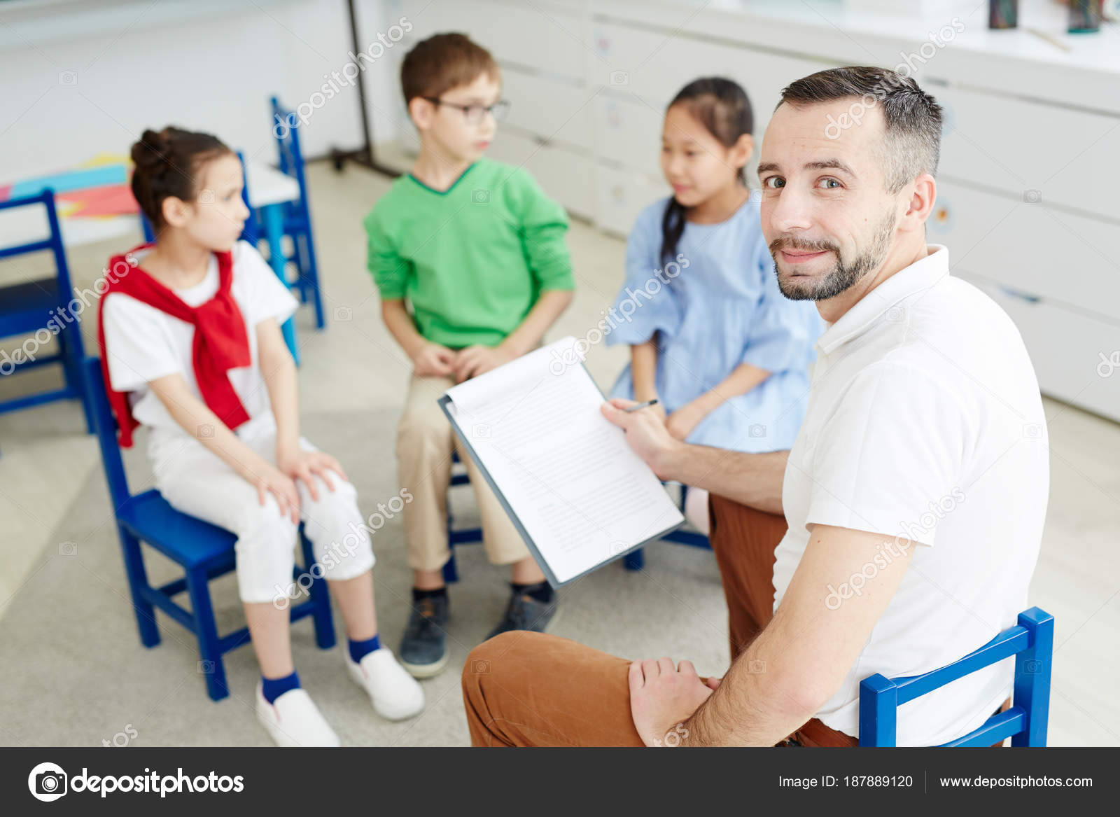 Happy Teacher Document Checking Knowledge His Students Lesson Stock ...