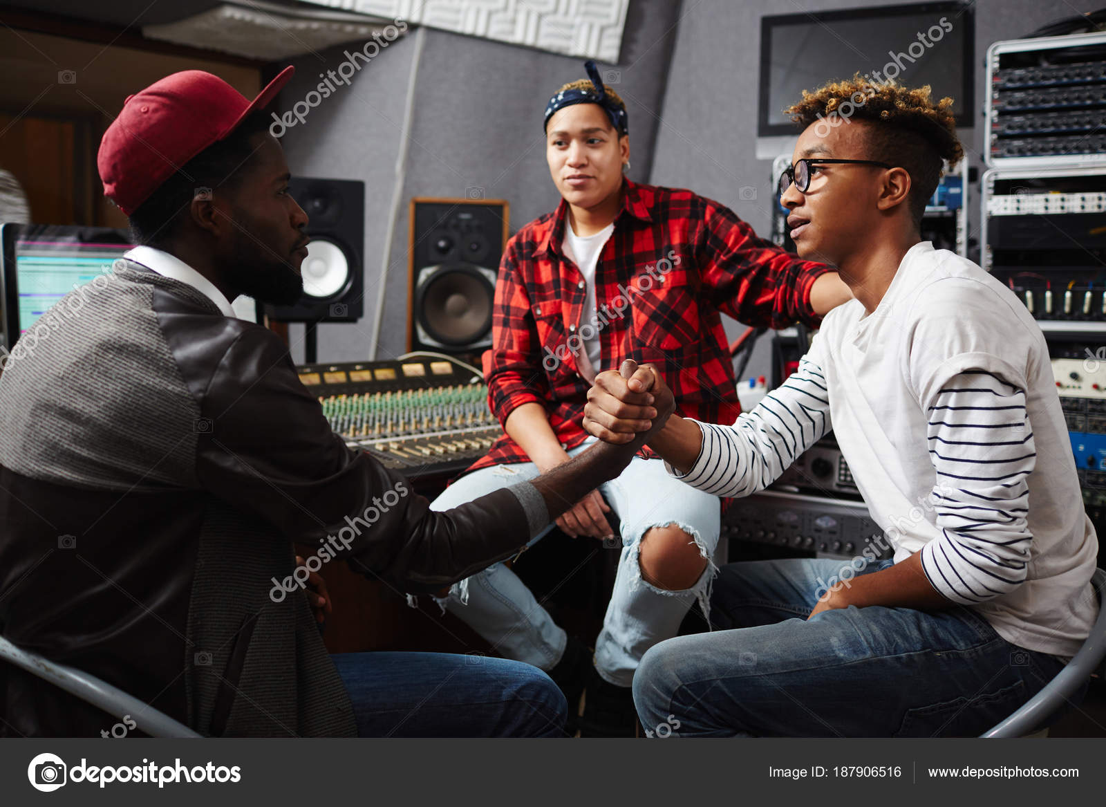 Young Musician Sound Operator Making Agreement Cooperation Audio Studio ...