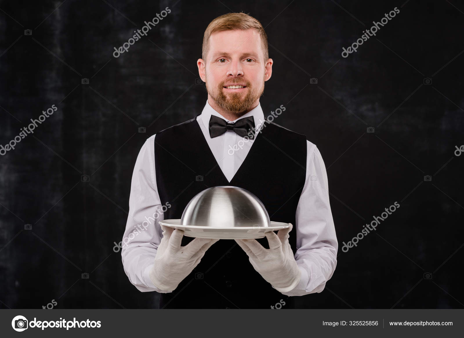 Happy Elegant Waiter Classy Restaurant Black Waistcoat Bowtie White ...