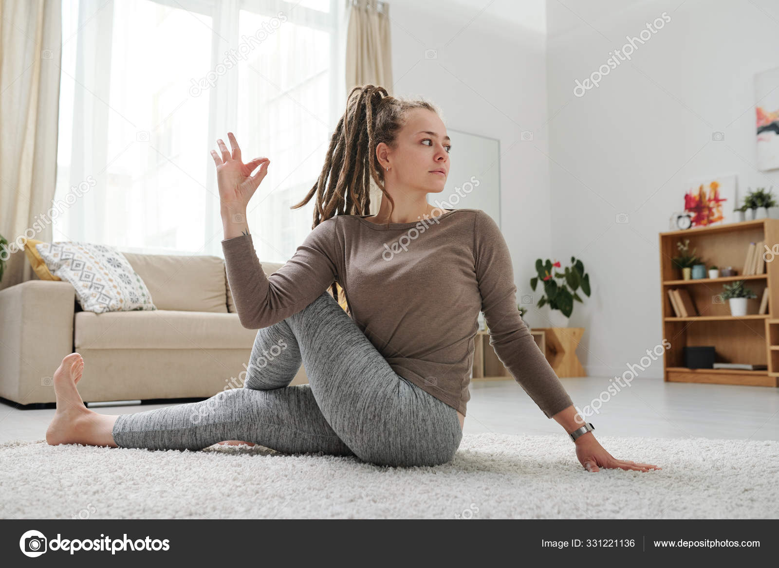 Young Female Dreadlocks Sitting Floor One Yoga Positions While ...
