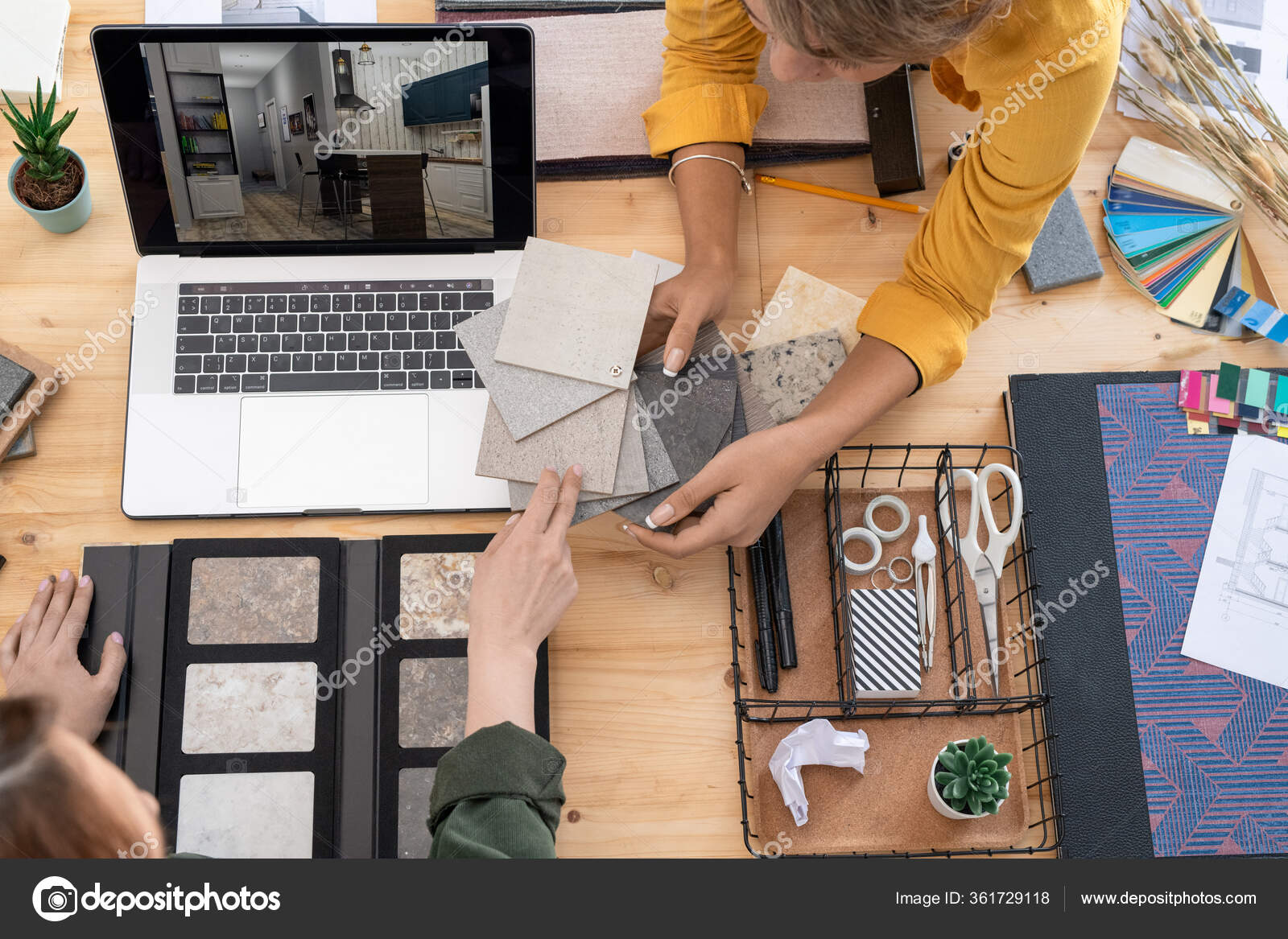Two Young Female Designers Interior Discussing Samples Panels Workplace ...