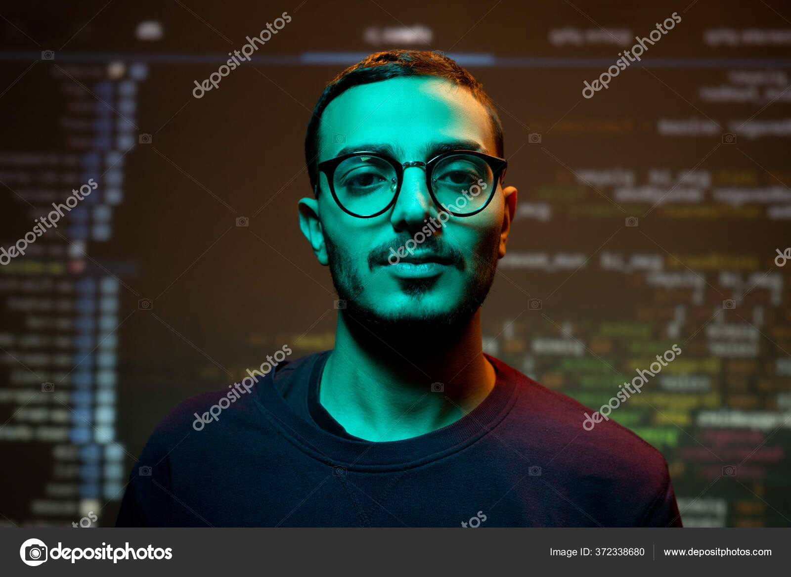 Portrait Serious Young Arabian Programmer Eyeglasses Standing Coding ...
