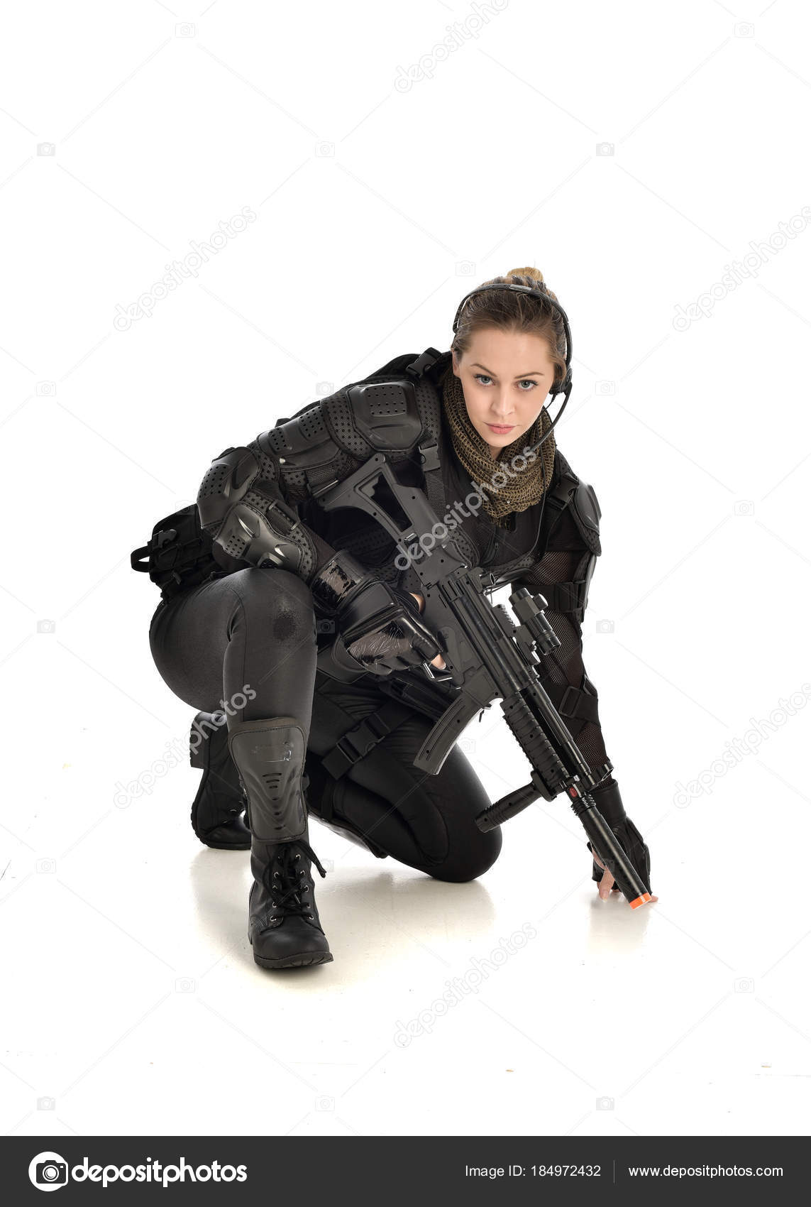 Full Length Portrait Female Wearing Black Tactical Armour Crouching ...