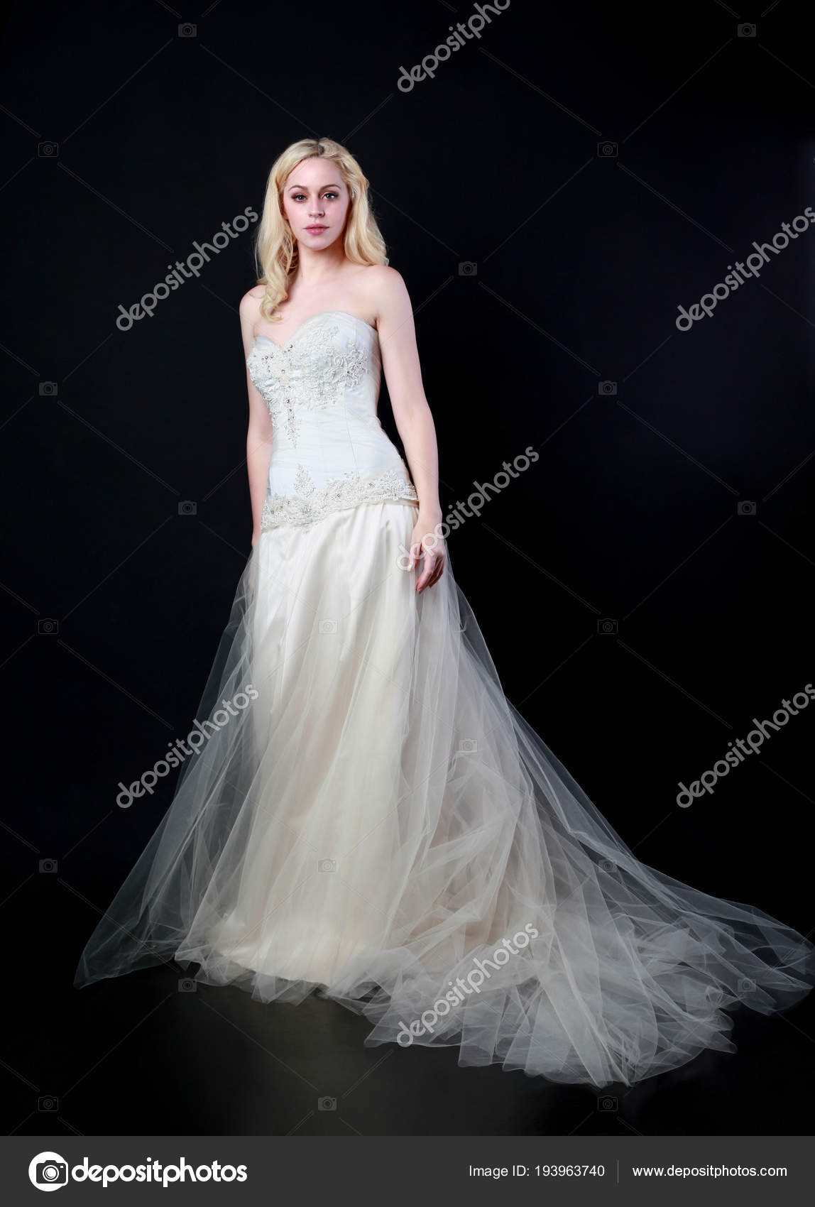 Full Length Portrait Model Wearing White Bridal Ball Gown Standing ...