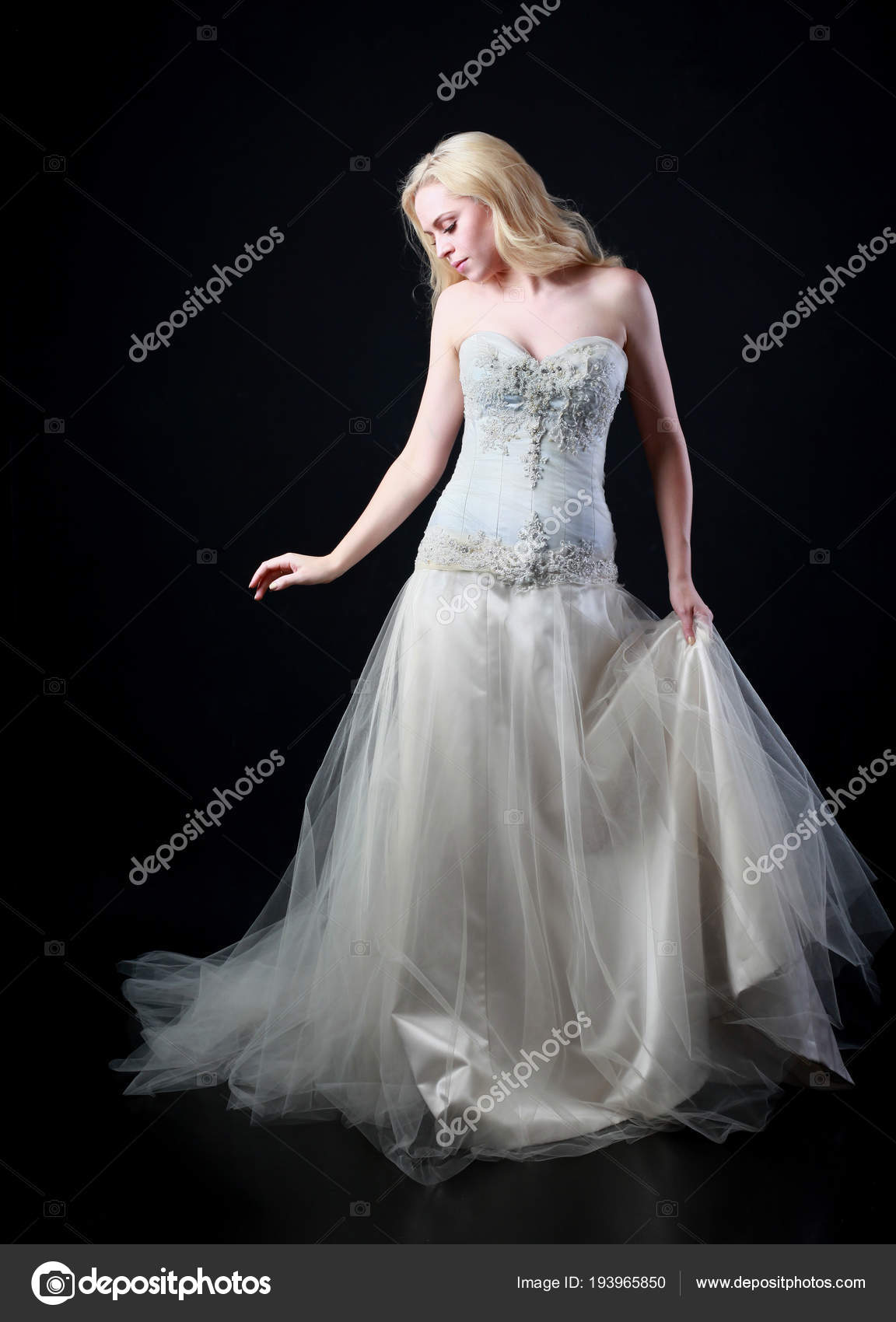 Full Length Portrait Model Wearing White Bridal Ball Gown Standing ...