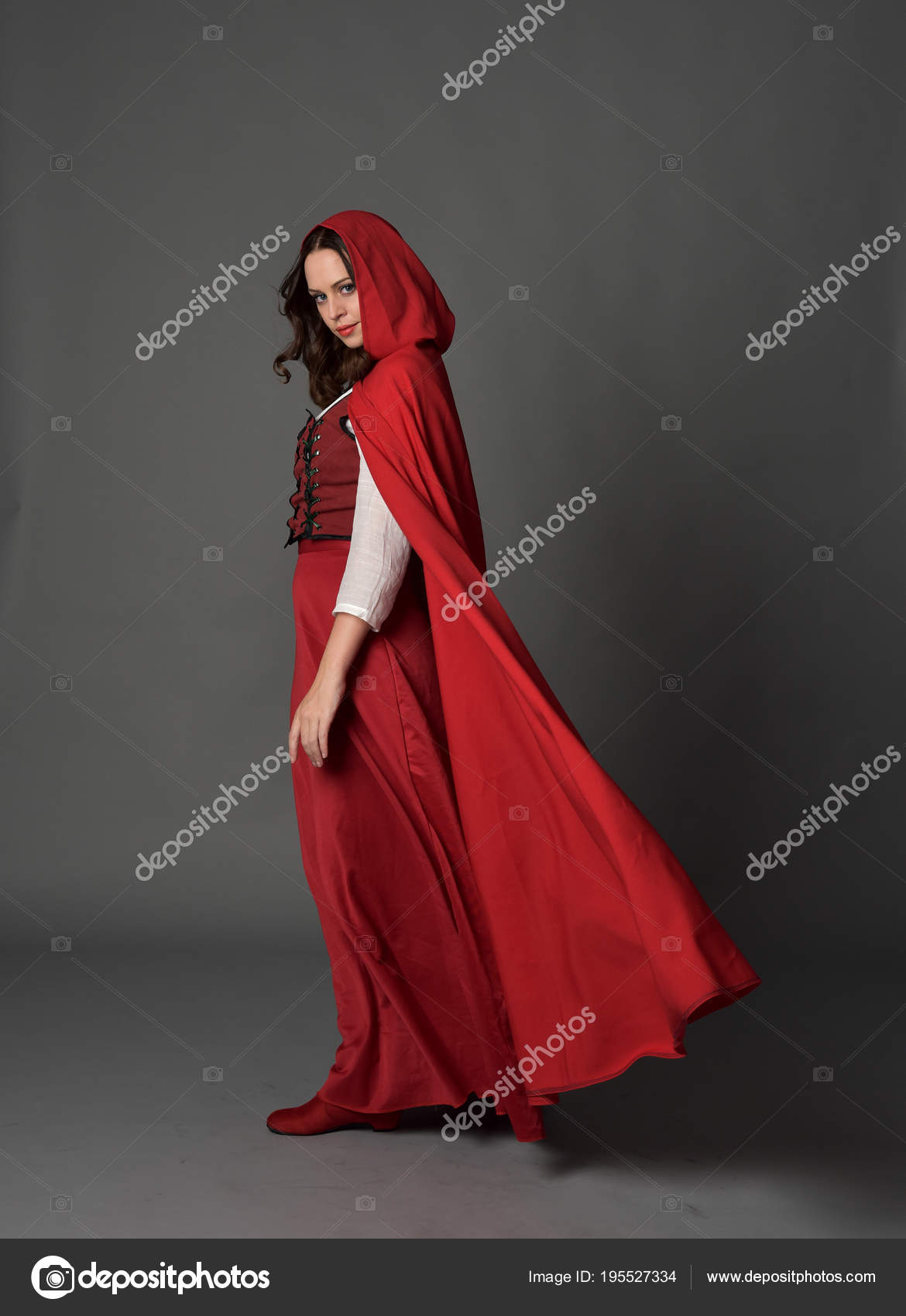 Full Length Portrait Brunette Lady Wearing Red Fantasy Costume Cloak ...